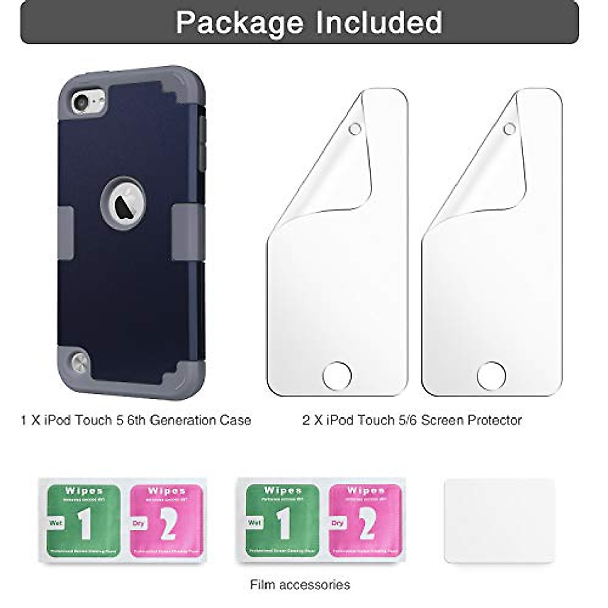 iPod Touch Case with 2 Screen Protectors, IDweel 3 in 1 Hard PC Case + Silicone Shockproof for Kids Heavy Duty Hard Case Cover for 2019 iPod Touch 7th/6th/5th Generation, Navy Blue + Gray