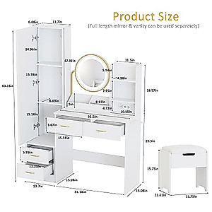 White Vanity Desk with Mirror and Lights & Full Length Mirror, Vanity Mirror with Lights Desk and Chair & Charging Station, 4 Drawers and Lots Storage Shelves