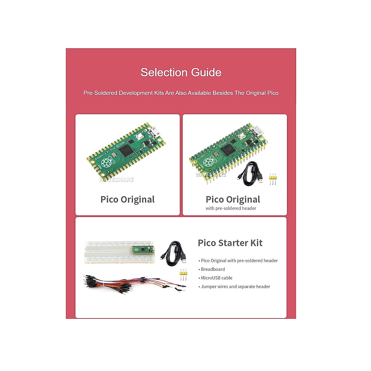 waveshare Raspberry Pi Pico Microcontroller Board Starter kit,Based on RP2040 Chip, Dual-core Arm Cortex M0+ Processor,Flexible Clock Running up to 133 MHz,Low-Cost, High-Performance