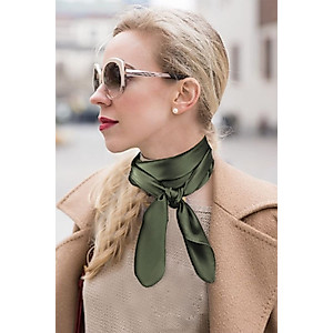 Persmileful Women's Fashion Soft Large Satin Square Chiffon Polyester Scarf Set Head Neck Multiuse Solid Colors Available (Dark green)