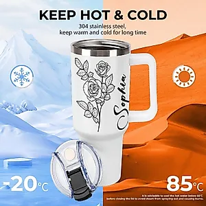 Personalized 40 Oz Tumbler with Lid Handle and Straw, Custom Stainless Steel Water Bottle Travel Mug with Names and Birth Flower, Personalized Mothers Day Birthday Gift for Mom Grandma
