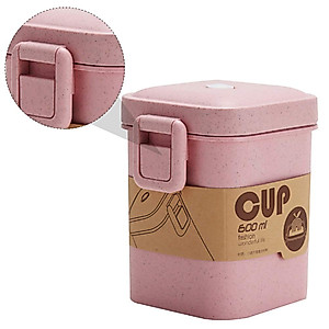 YARDWE Microwave Breakfast Cup Sealed Insulated Food Jar: Microwave Soup Mug with Lid 600ml Pink Square Wheat Straw Cereal Cup with Cover Spill Proof Soup Travel Container