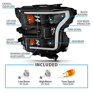 AmeriLite LED Tube Parking Light Bar Dual Quad Halogen Projector Replacement Headlights Set For 2015-2017 Ford F150 Pickup - Driver and Passenger Side, Vehicle Light Assembly, Black Multi