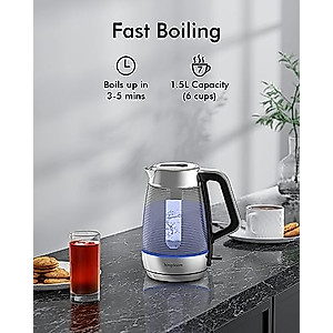 1.5L Double-Walled Cool Touch Electric Tea Kettle, Sleek and Heat-Resistant Glass Body with LED Light Indicator, Wide-Open Lid, BPA-Free, Fast Heating 1500W for Hot Water and Tea, Silver