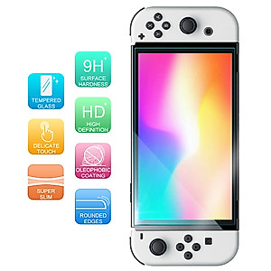 TJS [2 Pack Screen Protector Tempered Glass for Nintendo Switch OLED Model 2021, [Works While Docking] - 0.3mm Thickness/Bubble Free/Ultra Clear/9H Hardness/Anti-Scratch/Anti-Fingerprint (Clear)