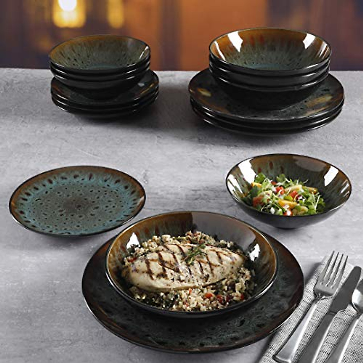 Gibson Elite Kyoto Double Bowl Dinnerware Set, Service for 4 (16pcs), Teal
