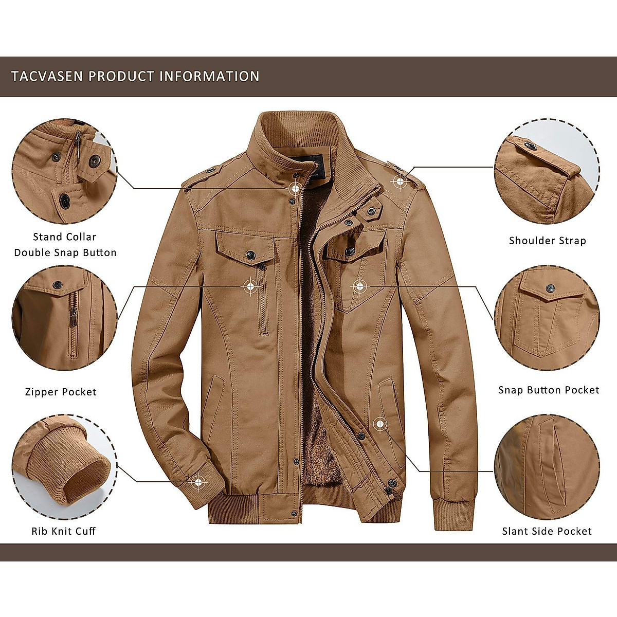 TACVASEN Men's Military Cotton Jacket Thicken Winter Cargo Coat, Green, L