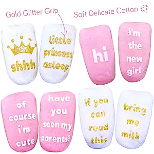 Baby Girl Socks Gift Set - Unique Baby Shower or Newborn Gift For Her - 4 Pairs of Cute Quotes in Gift Box
