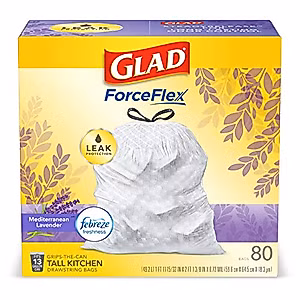 Glad ForceFlex Tall Kitchen Drawstring Trash Bags 13 Gallon White Trash Bag, Mediterranean Lavender scent with Febreze Freshness 80 Count (Package May Vary)