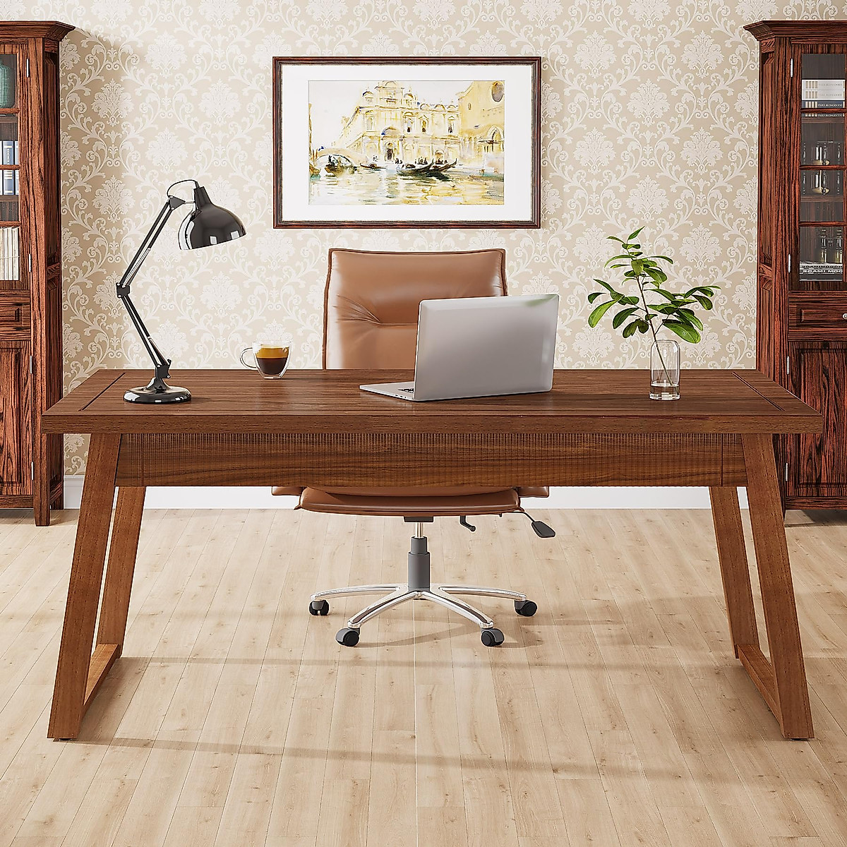 Tribesigns Home Office Executive Desk: 55 Inches Wooden Computer Desk with Drawer, Mid-Century Modern Study Writing Table, Rustic PC Laptop Desk Workstation Furniture, Walnut Brown