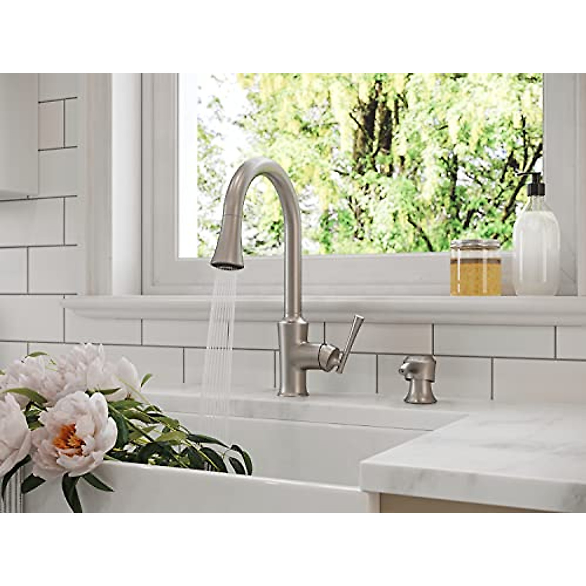 Pfister Antrom Kitchen Faucet with Pull Down Sprayer and Soap Dispenser, Single Handle, High Arc, Spot Defense Stainless Steel Finish, F5297AOGS