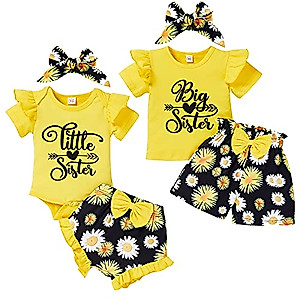 Baby Girl Sister Matching Outfits Little Big Sister Ruffle Romper Tops + Sunflower Shorts Set Summer Clothes(Yellow Little Sis,0-3M)