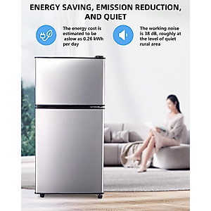 Geekman 3.5 Cu.Ft Mini Fridge with Freezer, Double Door Mini Fridger with 7 Level Adjustable Thermostat, Mini Refrigerator with interior LED light, Perfect for Dorm, Office, Bedroom＆RV, Silver