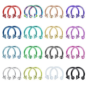 JOERICA 32PCS 16G Horseshoe Septum Rings Stainless Steel Nose Circular Barbells Rings Cartilage Tragus Helix Eyebrow Colorful Daith Earring Piercings Body Jewelry Ball/Arrow 8mm 10mm