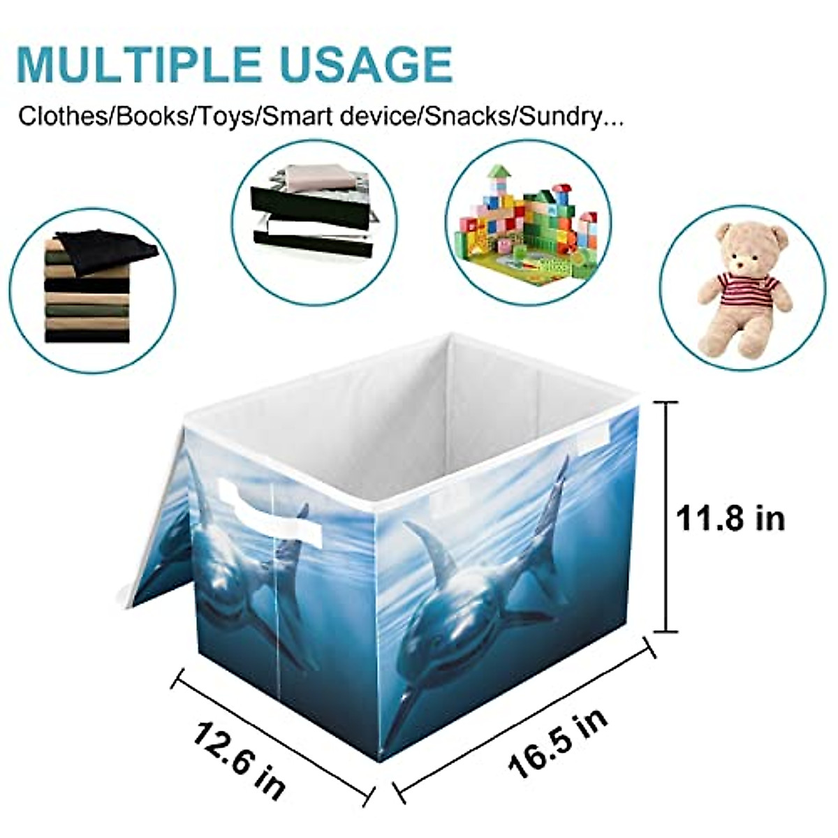 CaTaKu Water Shark Storage Bins with Lids and Handles, Fabric Large Storage Container Cube Basket with Lid Decorative Storage Boxes for Organizing Clothes