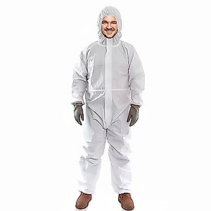 AMZ Disposable Coveralls with Hood, X-Large. Pack of 5 White Microporous Lab Coveralls Disposable. 60 GSM Painters Suit Disposable with Storm Flap Zipper Cover. Painters Suit Disposable. Hazmat Suit
