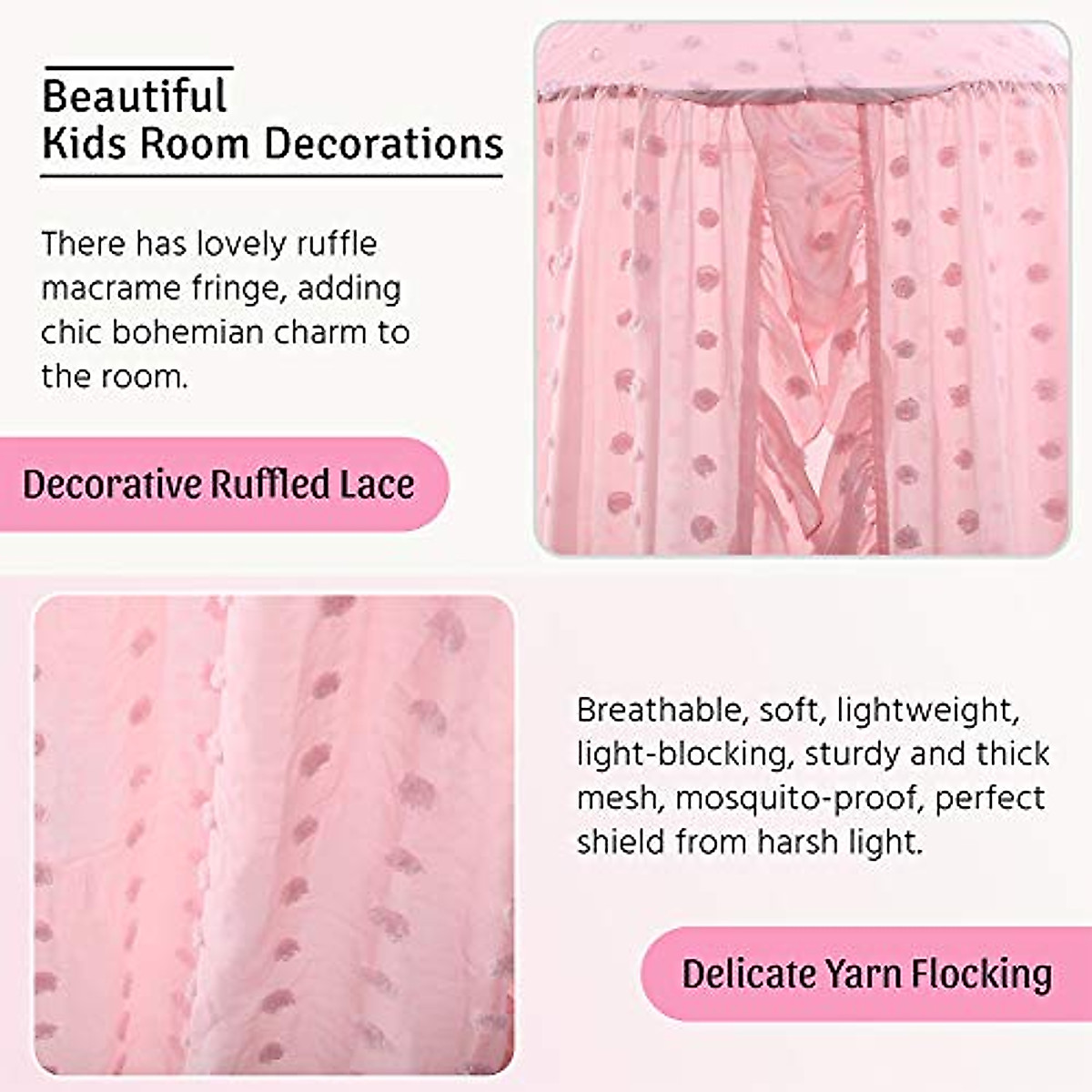 Kids Bed Canopy for Girls, Pink Crib Canopy Princess Hanging Children Canopy Tent, Toddler Girl Canopy Bed Netting for Baby Room Bedroom Reading Nook, Macrame Lace Boho Nursery Canopy with Pom Pom