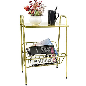 Jbikao Side Table, Gold End Table with Magazine Holder, Record Player Stand with Storage, Bedside Table Nightstand for Living Room, Bedroom, Office, Metal