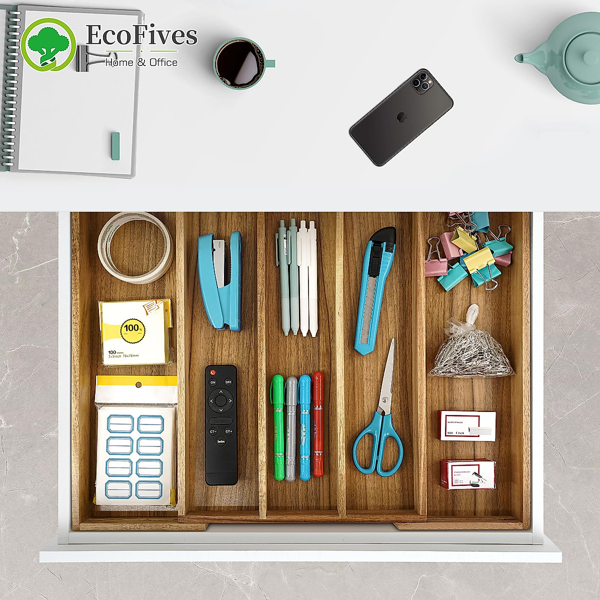 EcoFives Luxury Acacia Silverware Organizer -Kitchen Drawer Organizer - Utensil Holder and Cutlery Organizer with Grooved Drawer Dividers for Flatware and Kitchen Utensils (5 Slot)