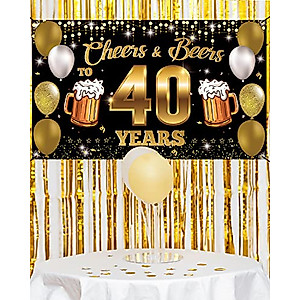 HTDZZI Cheers to 40 Years Backdrop Banner, Happy 40th Birthday Decoration for Men Women, 40th Wedding Anniversary, Black Gold 40 Year Old Birthday Party Sign Poster, Class Reunion Decor, 6.1ft x 3.6ft