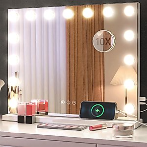 Uliyati Vanity Mirror with Lights, Vanity Mirror Hollywood Lighted Mirror Makeup Mirror with Lights,15 LED Bulbs,3 Colors Modes,Touch Control,USB Charging Port,10X Mirror,for Tabletop or Wall-Mounted