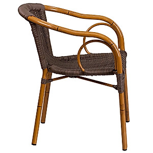 EMMA + OLIVER Dark Brown Rattan Patio Chair with Red Bamboo-Aluminum Frame