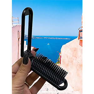 ALAZCO Folding Hair Brush With Mirror Compact Pocket Size Travel Car Gym Bag Purse Locker Swimming Camping Sleepover Gift and more (2 Black)