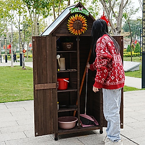 FTCBNet Outdoor Storage Cabinet with Sloping Waterproof Galvanized Sheet Roof 70" Wooden Garden Shed Lockable Tool Cabinet with 4 Removeable Shelves for Patio Backyard Lawn Yard (Brown)