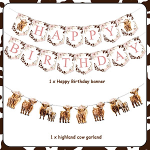 Highland Cow Birthday Decorations Girl - Highland Cow Happy Birthday Banner, Garland, Boho Retro Floral Highland Cattle Holy Cow Farm Animal Birthday Party Decorations