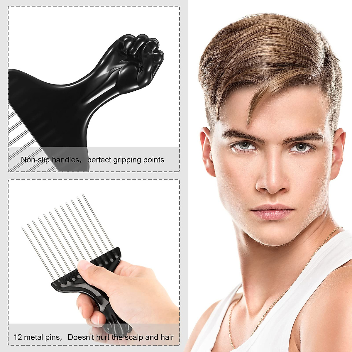 3 Pieces Hair Lift Combs with Metal Prongs for Women - Salon Teasing Back Combs in Pink or Black Carbon with Stainless Steel (Black)
