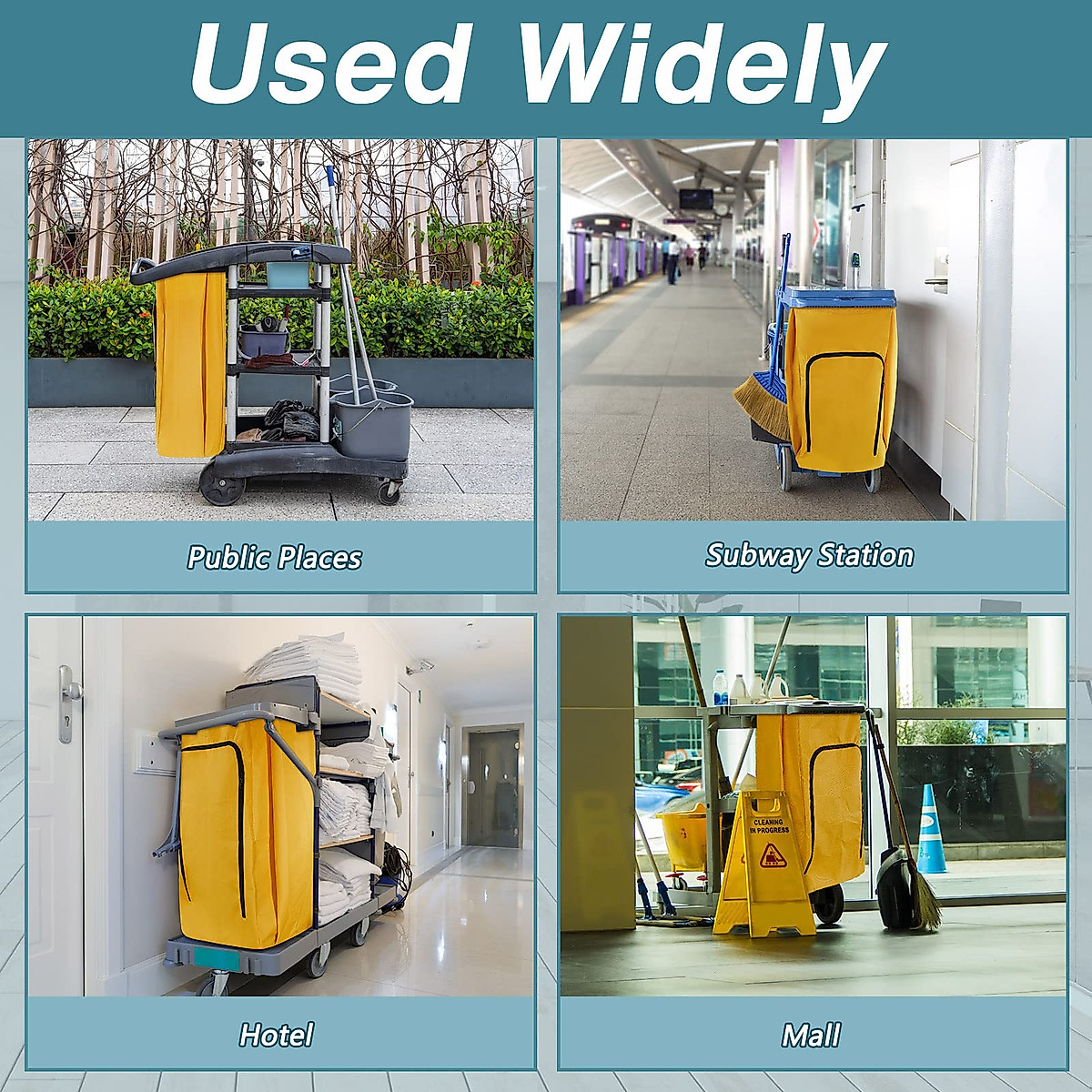 Cleaning Cart Bag Zippered Front Replacement Janitorial Cart Bag 24 Gallon Large Capacity Commercial Cleaning Bags for Cleaning Cart Housekeeping Carts, Yellow (33 x 16.8 x 10.5 Inch)