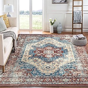 COZYLOOM 8x10 Area Rug Large Floral Rug Vintage Medallion Area Rug Ultra Soft Non-Slip Floor Cover Washable Thin Rug Boho Low Pile Foldable Rug for Bedroom Living Room Dining Room Office Brick Red