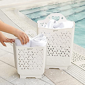 Foldable Plastic Laundry Baskets. Wall Hanging Storage Basket. Multi-function Storage Container Waterproof Durable for Bedroom and Bathroom (L, Beige)