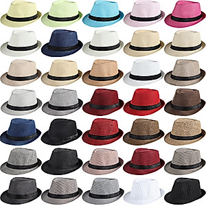 35 Pack Short Brim Straw Hats Unisex Summer Beach Sun Hat Bulk Classic Trilby Hat with Black Band Cotton Sun Straw Hat Panama Cap for Man Woman 35 Colors