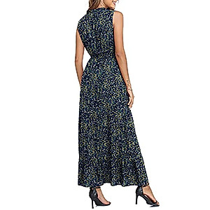 CZYINXIAN Women’s Sleeveless Maxi Dress Floral Printed Tie Neck Long Dress High Waist Pleated A Line Dresses for Women(Flower Navy Blue,Medium)