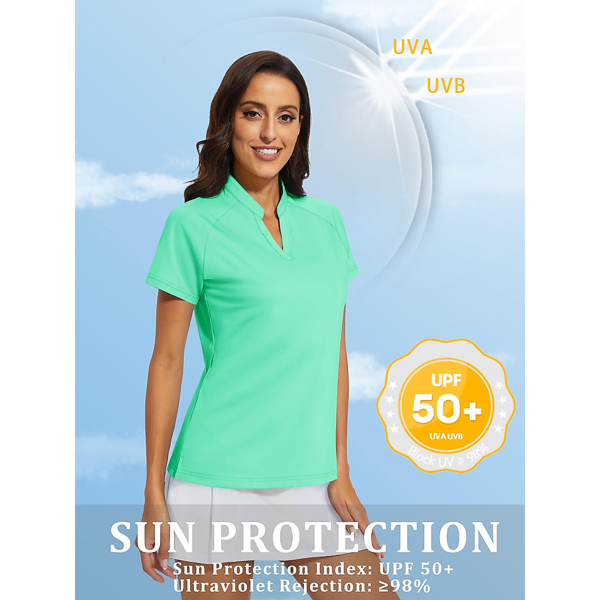 MAGCOMSEN Women Golf Shirt Short Sleeve Uv Sun Protection V Neck Tennis Tops Moisture Wicking Polo Shirts Mint Green S