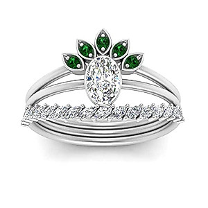 Jewelryonclick Marquise Band With Bezel Set Solitaire Ring 925 Sterling Silver Created Emerald Oval shape Green color Trio Wedding Ring Sets bezel Setting in Size 6 Fashion Jewelry
