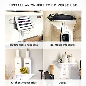 Storage Theory Power Perch Socket Outlet Shelf - Smart Home Essentials Organizer for Bathroom, Apartment, Dorm Room - Wall Shelves for Toothbrush, Echo, Speakers, Cell Phone Holder - White - 1pk