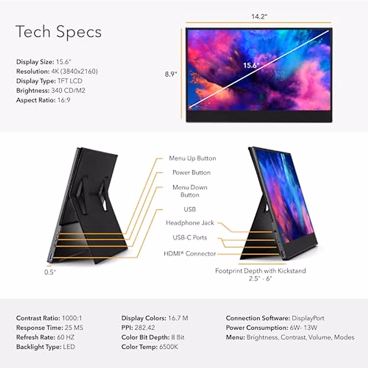 SideTrak Solo 15.6” 4k Portable Monitor for Laptop | Freestanding Ultra HD LED Anti-Glare USB Laptop Dual Screen | Compatible with Mac, PC, & Chrome | Powered by USB-C or Mini HDMI