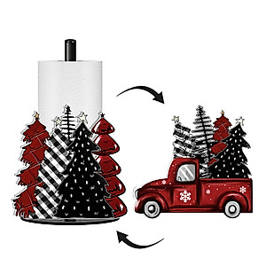 Christmas Paper Towel Holder, Red Truck Christmas Decoration, Buffalo Plaid Christmas Tree Towels Paper Holder for Kitchen Countertop Bathroom Home Farmhouse, Winter Replaceable Xmas Tree Decor Indoor