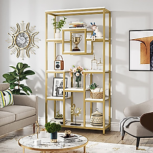 Tribesigns 71" Gold Etagere Bookshelf, Modern 11-Tier Tall Open Display Bookcase Bookshelves, Free Standing Book Shelf for Living Room, Bedroom, Home Office, Gold & White