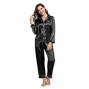 Super Shopping-zone Women's Soft Long Satin Pajama Set Long Sleeve Pjs Set Sleepwear Silk Loungewear Black