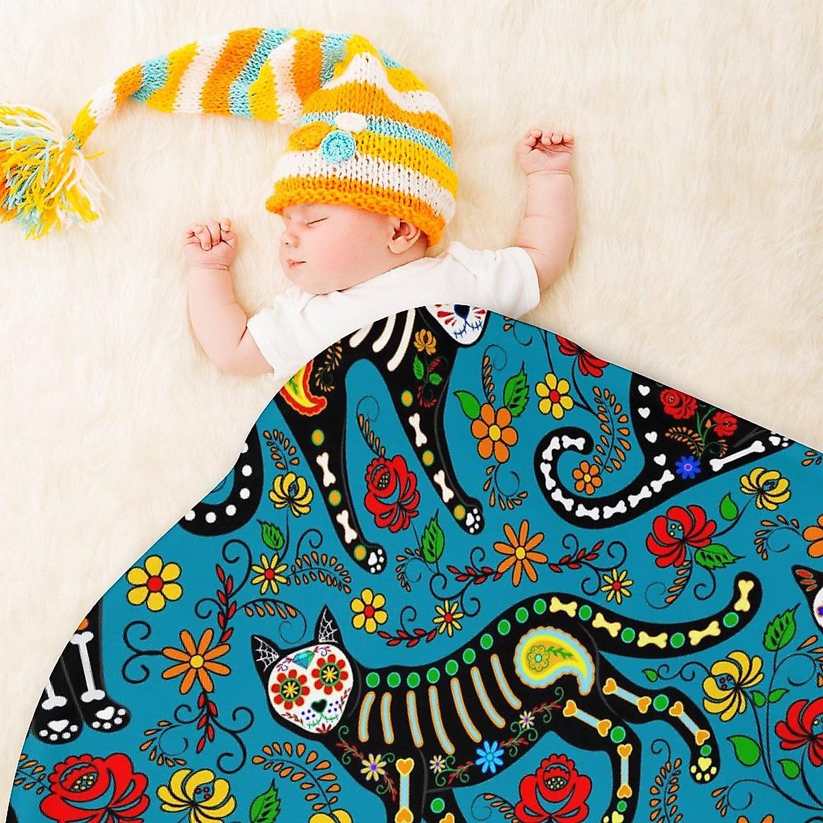 LAKIMCT Sugar Skull Cat Round Soft Baby Blankets for Boys Girls, Newborn Blanket for Suitable for Swaddling Sleep Stroller Cover Nursery Blanket, 35 Inch