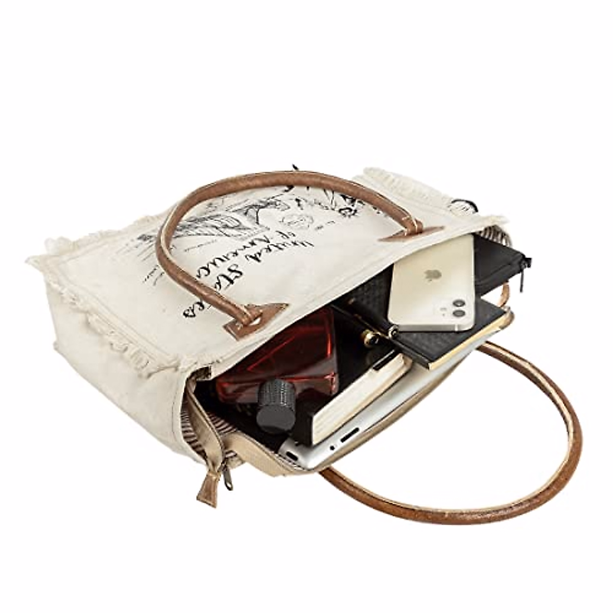 KPL Sel De Mer Upcycled Canvas and leather Hand Bag Cowhide Tote Bag shopping bag carry on leather bag (White)