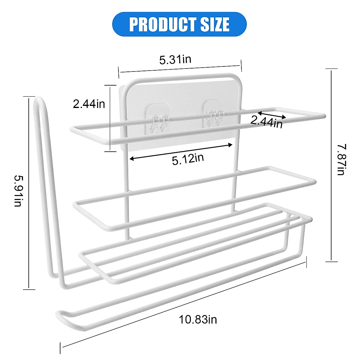Cabinet Door Wall Mount Wrap Organizer Rack with 2 Rods, No Drilling, Multi-Purpose Kitchen Door Organizer Storage for Cutting Board, Aluminum Foil, Plastic Wrap (White)