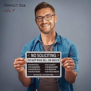 No Soliciting Sign for House (2 Pack), Metal Do Not Ring Bell Sign, Aluminum No Soliciting Signs for Home, No Solicitation Sign for Door, No Salesmen Sign, No Solicitors Sign, Weather Proof, Rust Free (10" x 7")