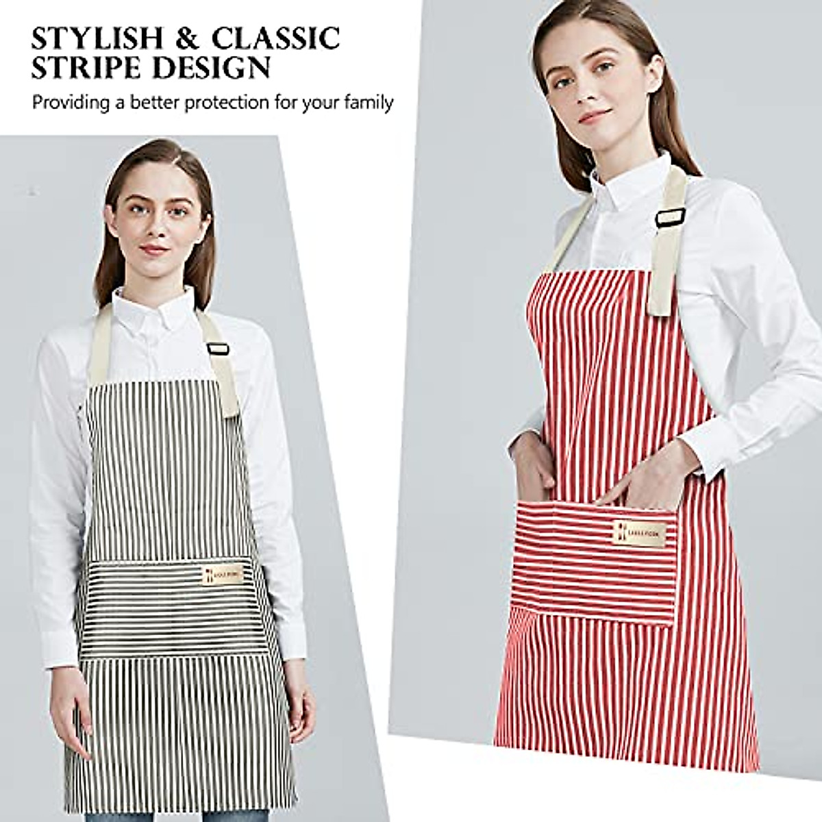 hatisan Cotton Linen Adjustable Bib Aprons with 2 Pockets Cooking Kitchen Aprons for Men Women (Stripe)