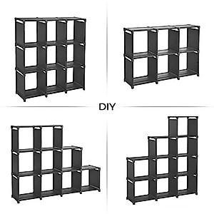 SONGMICS 9-Cube Storage Shelf and 6 Cube Bins Bundle, Open Bookshelf and Fabric Storage Boxes, Foldable Bins, Black and Gray UROB26LG and ULSN45BK