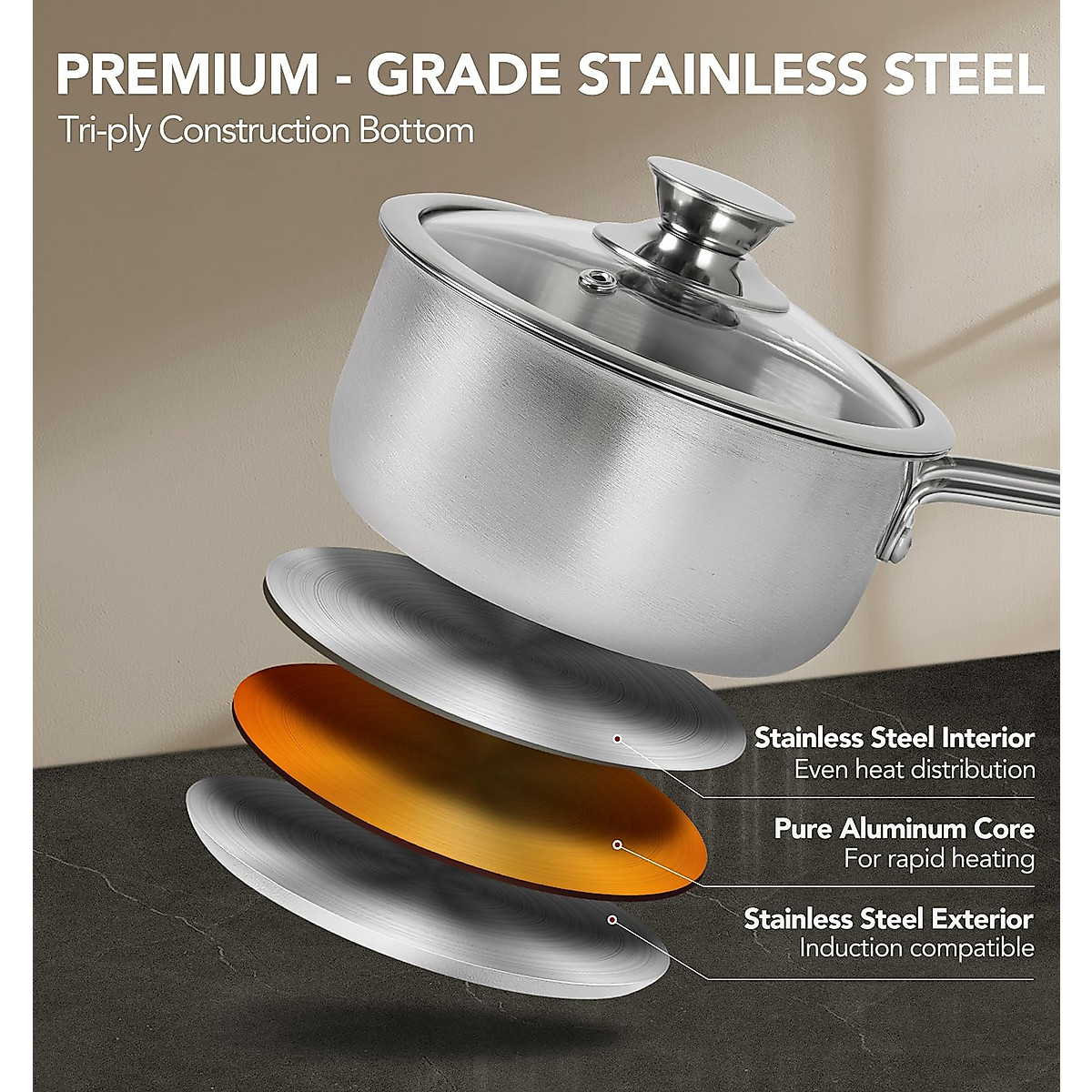 Michelangelo Stainless Steel Pot Set, 6 Piece Small Sauce Pot, 1.5qt & 2.5qt & 3.5qt Saucepan with Lids, Works with Induction, Electric and Gas Cooktops, Oven Safe