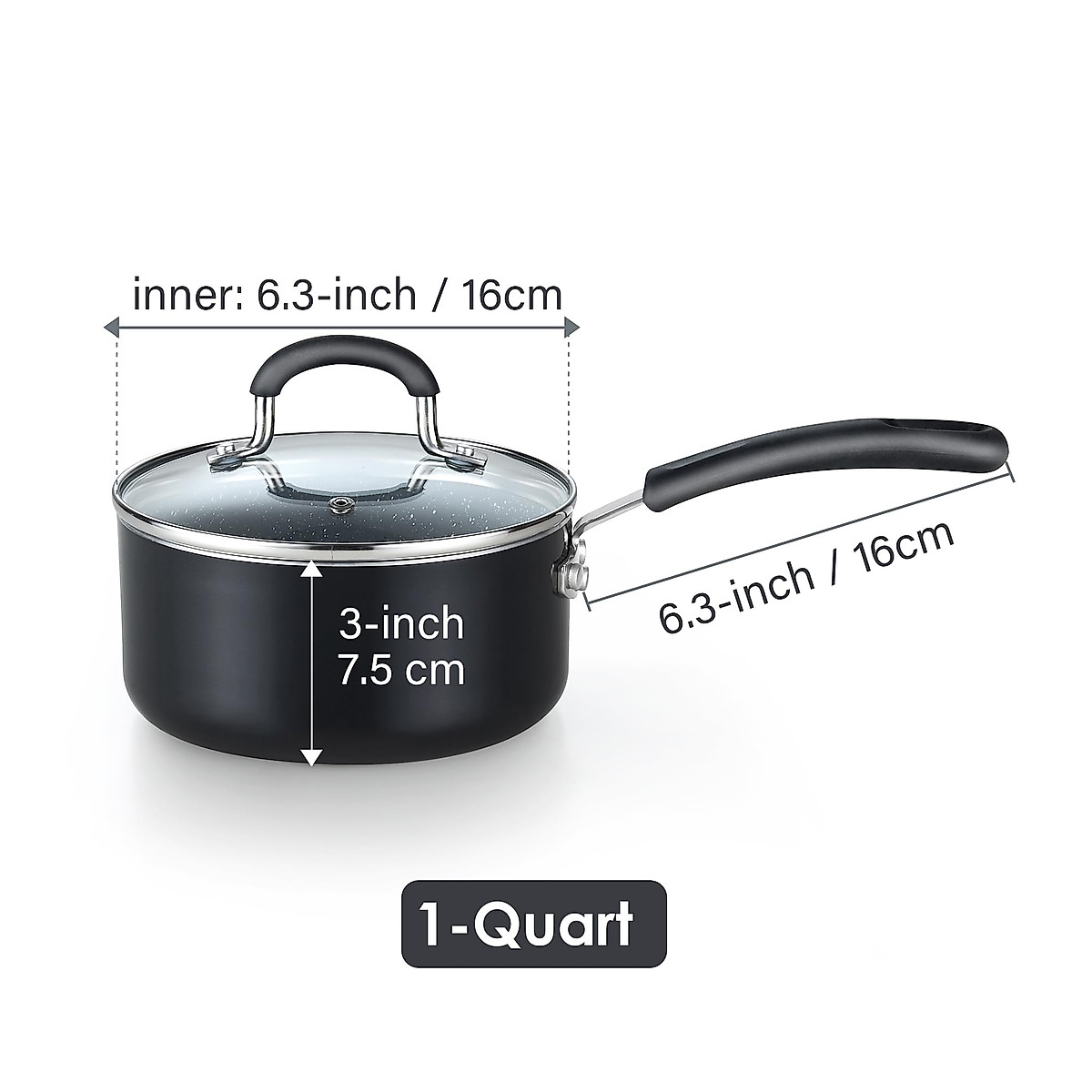 Cook N Home 1-Quart Nonstick Saucepan with Lid, Professional Granite Sauce Pan Non Stick Small Pots for Cooking with Stay-Cool Silicone Handle, Heavy Gauge Aluminum Induction Cookware, Marble